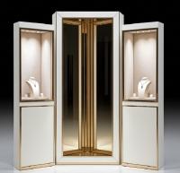 China Luxury White Gold Tall Jewelry Display Cabinet Custom Acrylic Wood Showcase LED Lighting High-End Jewelry Watch Boutique Mall for sale