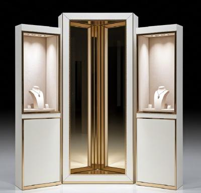 China Luxury White Gold Tall Jewelry Display Cabinet Custom Acrylic Wood Showcase LED Lighting High-End Jewelry Watch Boutique Mall for sale
