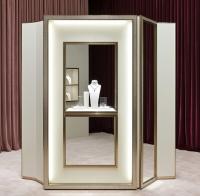 China Luxury White Gold Tall Jewelry Display Cabinet Custom Acrylic Wood Showcase LED Lighting High-End Jewelry Watch Boutique Mall for sale