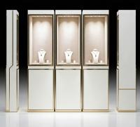 China Luxury White Gold Tall Jewelry Display Cabinet Custom Acrylic Wood Showcase LED Lighting High-End Jewelry Watch Boutique Mall for sale