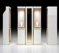 China Luxury White Gold Tall Jewelry Display Cabinet Custom Acrylic Wood Showcase LED Lighting High-End Jewelry Watch Boutique Mall for sale