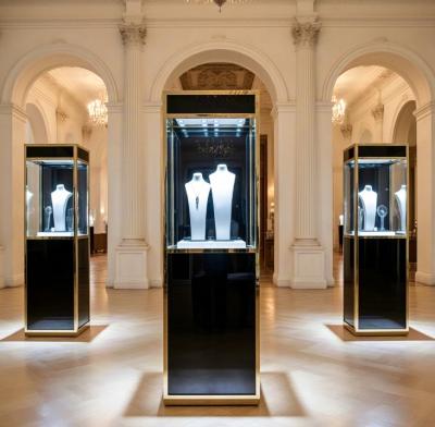 China Modern Freestanding LED Lighting Jewelry Display Vitrine with Gold Trim Glass Cabinet for Luxury Mall & Retail Store Showroom for sale