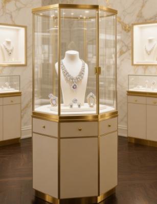China Elegant Hexagonal Jewelry Display Cabinet with White Base Drawers Boutique Retail Showcase LED Lighting for Necklaces Rings for sale