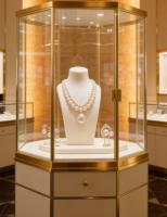 China Elegant Hexagonal Jewelry Display Cabinet with White Base Drawers Boutique Retail Showcase LED Lighting for Necklaces Rings for sale