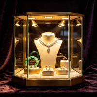 China Luxurious White and Gold Metal Jewelry Display Case with LED Lighting Eco-Friendly Secure and Easy to Clean for Retail Stores for sale