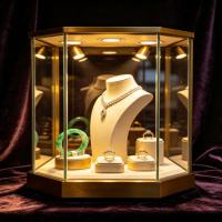 China Luxurious White and Gold Metal Jewelry Display Case with LED Lighting Eco-Friendly Secure and Easy to Clean for Retail Stores for sale