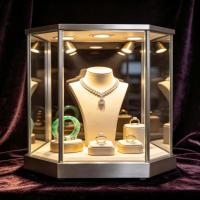 China Luxurious White and Gold Metal Jewelry Display Case with LED Lighting Eco-Friendly Secure and Easy to Clean for Retail Stores for sale