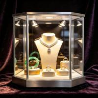 China Luxurious White and Gold Metal Jewelry Display Case with LED Lighting Eco-Friendly Secure and Easy to Clean for Retail Stores for sale