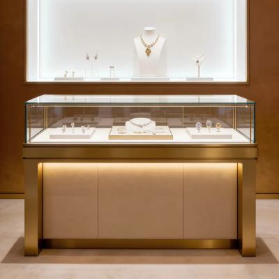 China Multi Layer Island Jewelry Showcase Solid Wood Metal Frame Tempered Glass Cabinet for sale