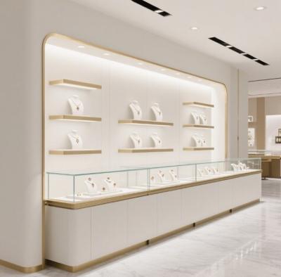 China Wall-Mounted High Quality Jewelry Display Counter for Retail Store Mall | Cream Body Brushed Gold Trim | Glass Showcase LED for sale