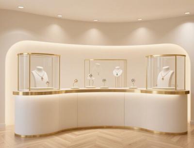 China Luxury Curved Wall-Mounted Jewelry Display Counter | Cream Body Gold Trim | Glass Showcase LED Lights for Luxury Shopping Malls for sale