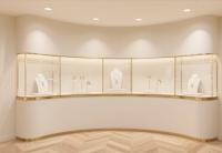 China Luxury Curved Wall-Mounted Jewelry Display Counter | Cream Body Gold Trim | Glass Showcase LED Lights for Luxury Shopping Malls for sale
