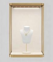 China Light Luxury Customized Wall Mounted Jewelry Showcase Champagne Gold Stainless Steel Glass Wall Cabinet LED Light Showroom for sale