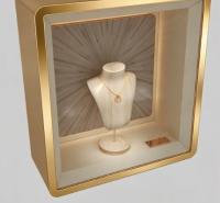 China Light Luxury Customized Wall Mounted Jewelry Showcase Champagne Gold Stainless Steel Glass Wall Cabinet LED Light Showroom for sale