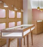 China French Retro Pink Wood Grain Jewelry Display Case Reception Desk Set LED High-End Custom Design for Luxury Boutique Showroom for sale