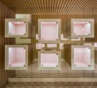 China French Retro Pink Wood Grain Jewelry Display Case Reception Desk Set LED High-End Custom Design for Luxury Boutique Showroom for sale