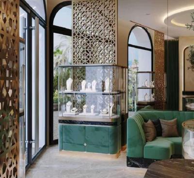 China Luxury Emerald Green Velvet Marble Jewelry Display Cabinet, High-End Glass Showcase for Fine Jewelry Retail for sale