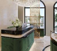 China Luxury Emerald Green Velvet Marble Jewelry Display Cabinet, High-End Glass Showcase for Fine Jewelry Retail for sale