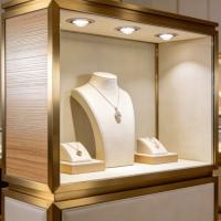China Luxury Modern Multi-Layer Tall Jewelry Display Case with Gold Frame and LED Lighting for Luxury Shopping Malls for sale
