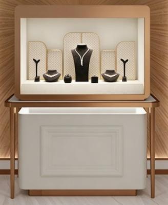 China Luxury Gold Frame Jewelry Display Showcase LED White Base Elegant Necklace Bracelet Retail Display Cabinet Black Velvet Stands for sale