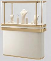 China High-End Curved LED Jewelry Island Showcase Beige Champagne Gold Contrast Glass Display Stand GZowin Mall Brand Jewelry Store for sale
