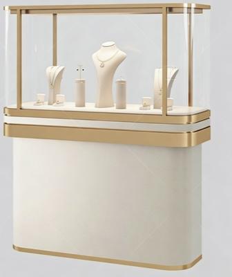 China High-End Curved LED Jewelry Island Showcase Beige Champagne Gold Contrast Glass Display Stand GZowin Mall Brand Jewelry Store for sale