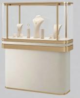 China High-End Curved LED Jewelry Island Showcase Beige Champagne Gold Contrast Glass Display Stand GZowin Mall Brand Jewelry Store for sale
