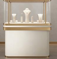 China High-End Curved LED Jewelry Island Showcase Beige Champagne Gold Contrast Glass Display Stand GZowin Mall Brand Jewelry Store for sale