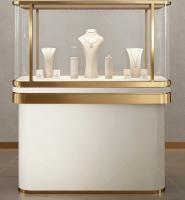 China High-End Curved LED Jewelry Island Showcase Beige Champagne Gold Contrast Glass Display Stand GZowin Mall Brand Jewelry Store for sale