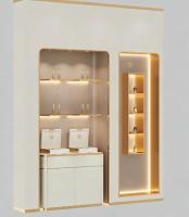 China Premium Beige & Gold Jewelry Showcase Wall Shelf with LED Lit Niche & Drawers Customizable Display Cabinets for Retail for sale