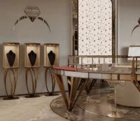 China Customizable Luxury Jewelry Showcase with Gold Metal Frame & Glass Front LED Lighting Durable Design Easy Clean for sale