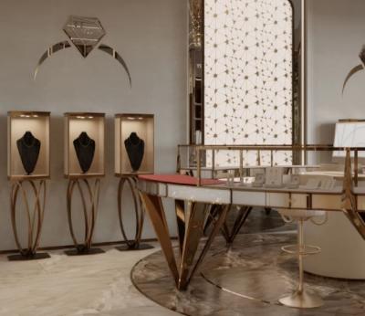 China Customizable Luxury Jewelry Showcase with Gold Metal Frame & Glass Front LED Lighting Durable Design Easy Clean for sale