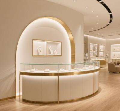 China Luxury Curved Island Jewelry Display Counter for Mall Use | Cream Body Gold Trim | Glass Showcase LED Lighting | Customizable for sale