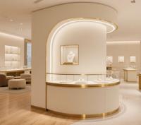 China Luxury Curved Island Jewelry Display Counter for Mall Use | Cream Body Gold Trim | Glass Showcase LED Lighting | Customizable for sale