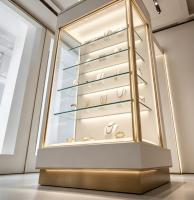 China Custom Luxury Floor Standing Jewelry Display Cabinet LED Lighted Tempered Glass 4-Tier Showcase Gold Trim Modern Retail GZowin for sale