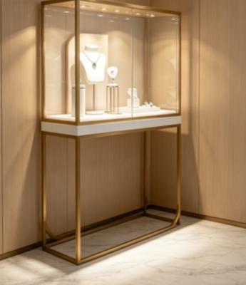 China Luxury Jewelry Display Cabinet Stainless Steel Tower Jewelry Showcase Curved Glass Smart Led Lights Electronic Retail Store Mall for sale