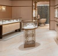 China Complete Luxury Acrylic Jewelry Store Furniture Set | Curved Island Counter + Wall Mounted Showcase + Tall Pedestal Cabinet | for sale