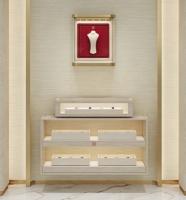 China New Chinese Style Light Wood Jewelry Display Cabinet Gold Metal Frame LED Lighting Glass Showcase Storage Trays Luxury Store for sale