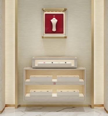 China New Chinese Style Light Wood Jewelry Display Cabinet Gold Metal Frame LED Lighting Glass Showcase Storage Trays Luxury Store for sale