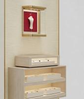 China New Chinese Style Light Wood Jewelry Display Cabinet Gold Metal Frame LED Lighting Glass Showcase Storage Trays Luxury Store for sale