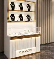 China Commercial Jewelry Display Stand Multi-Layer Glass Door Stainless Steel Brass Wood Construction LED Lighting Retail Store for sale