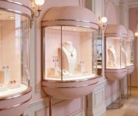 China Elegant Curved Wall-Mounted Jewelry Display Cabinet Acrylic Dome Glass Showcase LED Lighting Pink Rose Gold Frame for Showroom for sale
