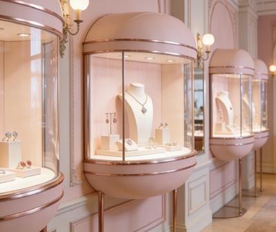 China Elegant Curved Wall-Mounted Jewelry Display Cabinet Acrylic Dome Glass Showcase LED Lighting Pink Rose Gold Frame for Showroom for sale