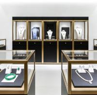 China Museum-Grade Jewelry Wall Display, Black Wood & Gold Metal Frame Glass Showcase with Lockable Drawers for Luxury Retail for sale