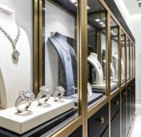 China Museum-Grade Jewelry Wall Display, Black Wood & Gold Metal Frame Glass Showcase with Lockable Drawers for Luxury Retail for sale