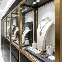 China Museum-Grade Jewelry Wall Display, Black Wood & Gold Metal Frame Glass Showcase with Lockable Drawers for Luxury Retail for sale