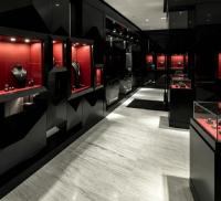 China Luxury Black & Gold Red Velvet Recessed Jewelry Display Case, Glass Showcase for sale