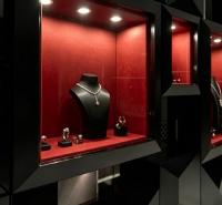 China Luxury Black & Gold Red Velvet Recessed Jewelry Display Case, Glass Showcase for sale
