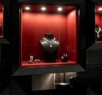 China Luxury Black & Gold Red Velvet Recessed Jewelry Display Case, Glass Showcase for sale