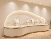China Luxury Curved Wall-Mounted Jewelry Display Counter | Cream Body Gold Trim | Glass Showcase LED Lights for Luxury Shopping Malls for sale